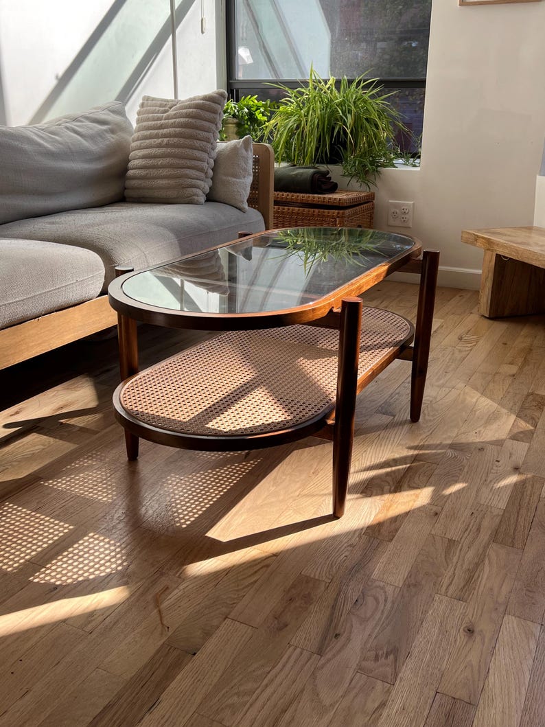 Mid-century Rattan & Glass Coffee Table Oval Two-tier Design - Etsy