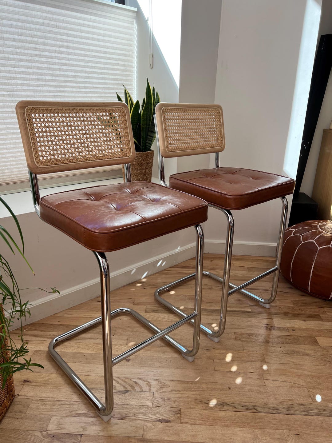 Set of 2 Counter Height Bar Stools Mid Century Modern MCM Wood / Rattan ...
