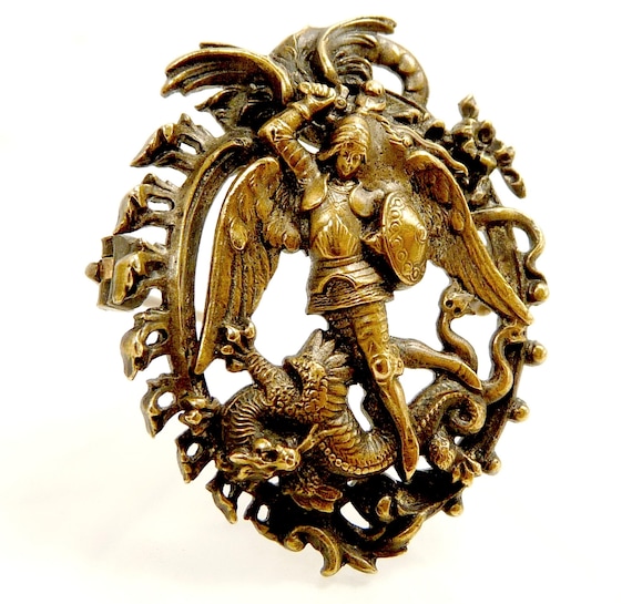 Antique Bronze St Michael The Archangel Brooch Pin - Gem