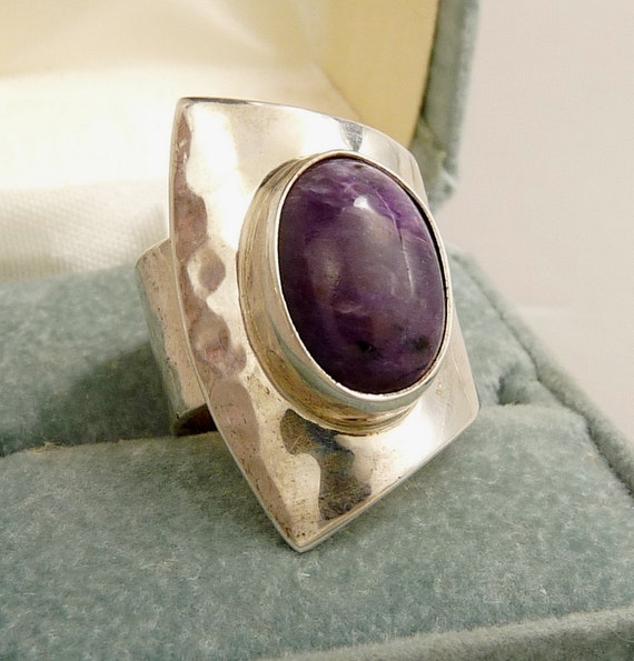 Mexico Sterling 925 & Amethyst Ring Modernist Design - Gem