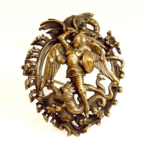 Antique Bronze St Michael The Archangel Brooch Pin - Gem
