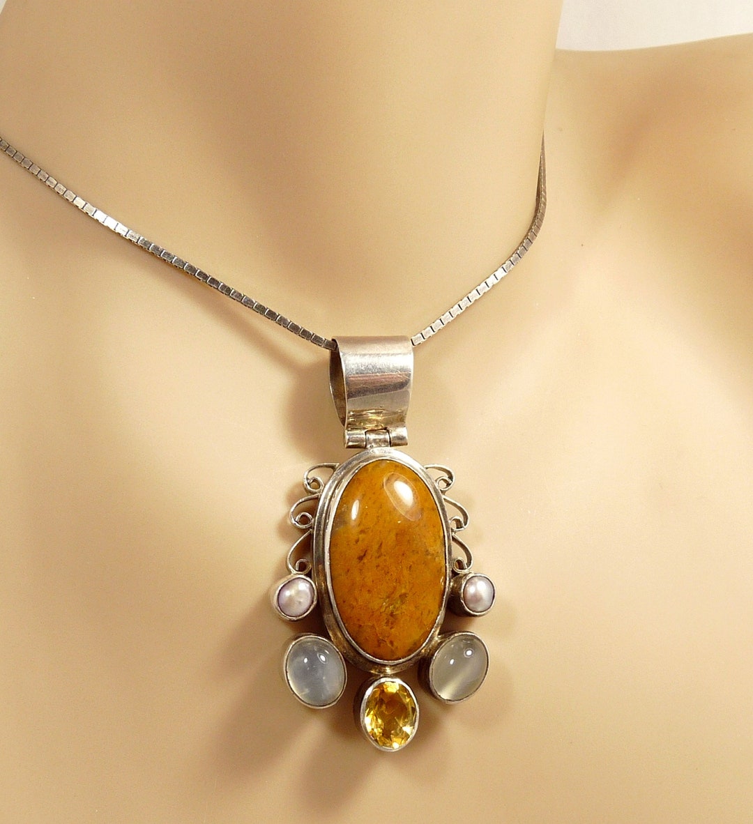 Sterling 925 Jasper & Moonstone Pendant Necklace Statement Bali Jewelry ...