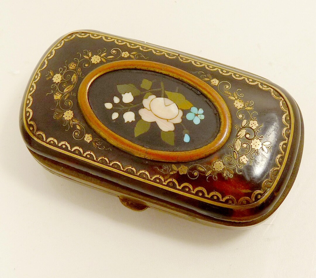 Antique Victorian Shell Pocket Match Safe Case Pietra Dura & Gold Pique ...