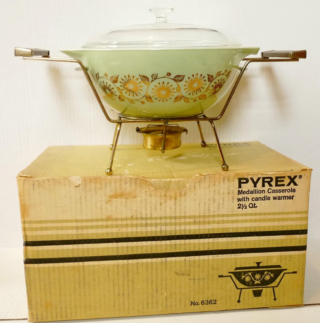 Vintage Pyrex Promo Green Medallion Casserole With Warmer NOS Box - Etsy