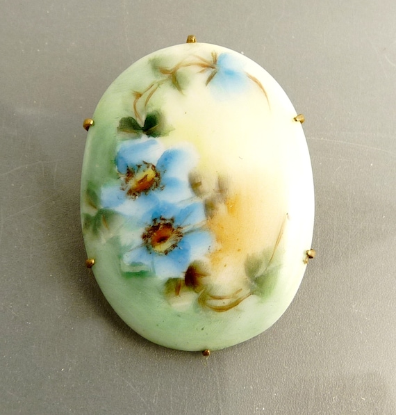 Antique Victorian Porcelain Brooch Hand Painted Blue … - Gem