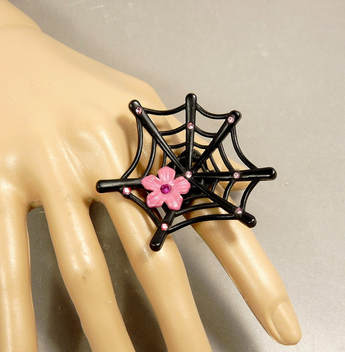 Rare Betsy Johnson Ring Spider Web & Pink Rhinestone Flower - Etsy