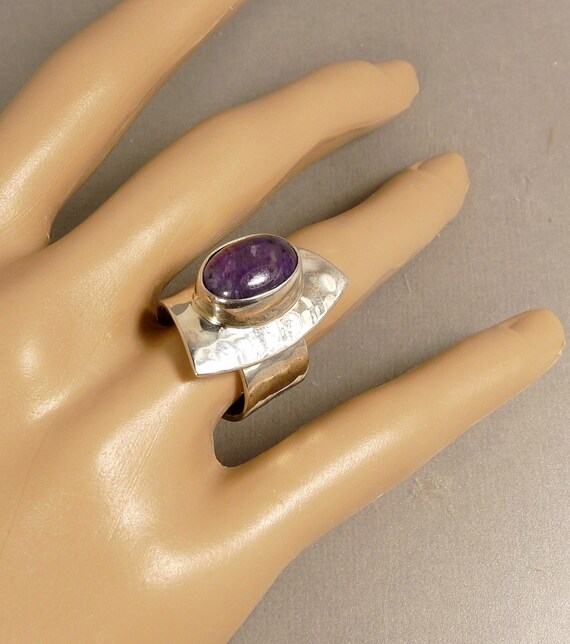 Mexico Sterling 925 & Amethyst Ring Modernist Design - Gem