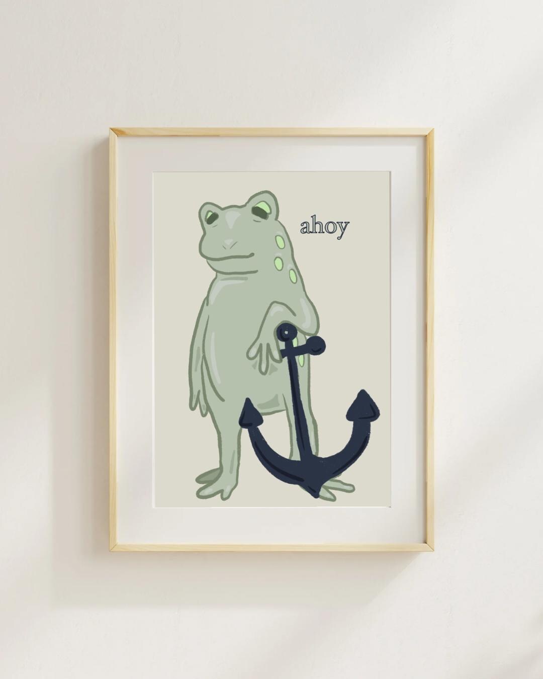 Whimsical Frog Nautical Art Print | Fisherman Aesthetic Amphibian ...