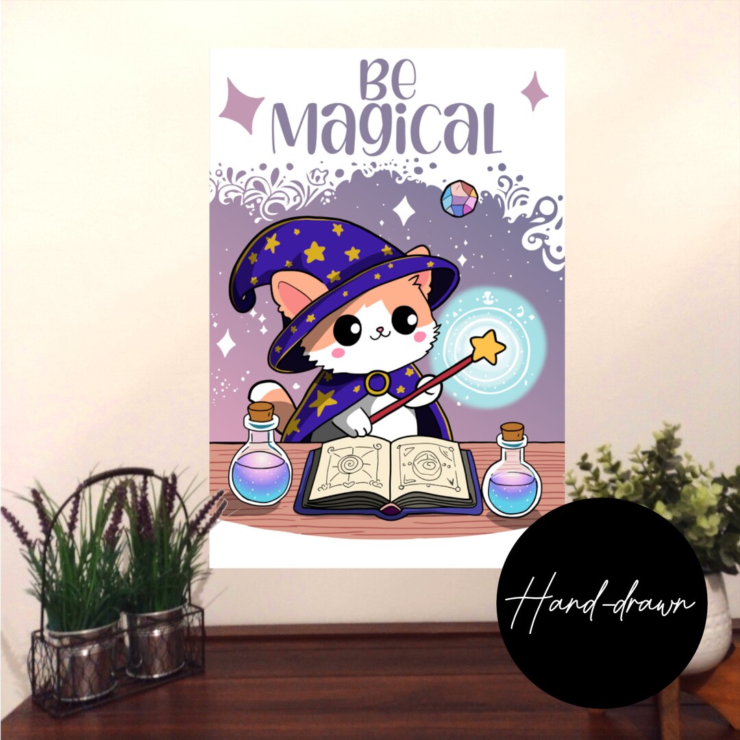 Cute Cat Wizard Poster, Fantasy Wall Art, Illustration, Childrens ...