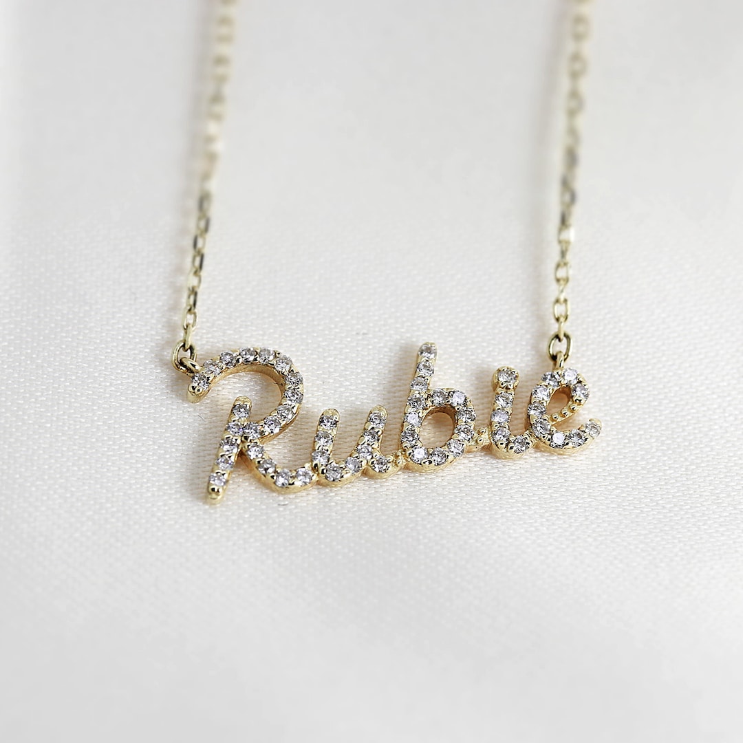 Genuine Diamond Name Necklace, 14k Gold Personalized Jewelry Script ...