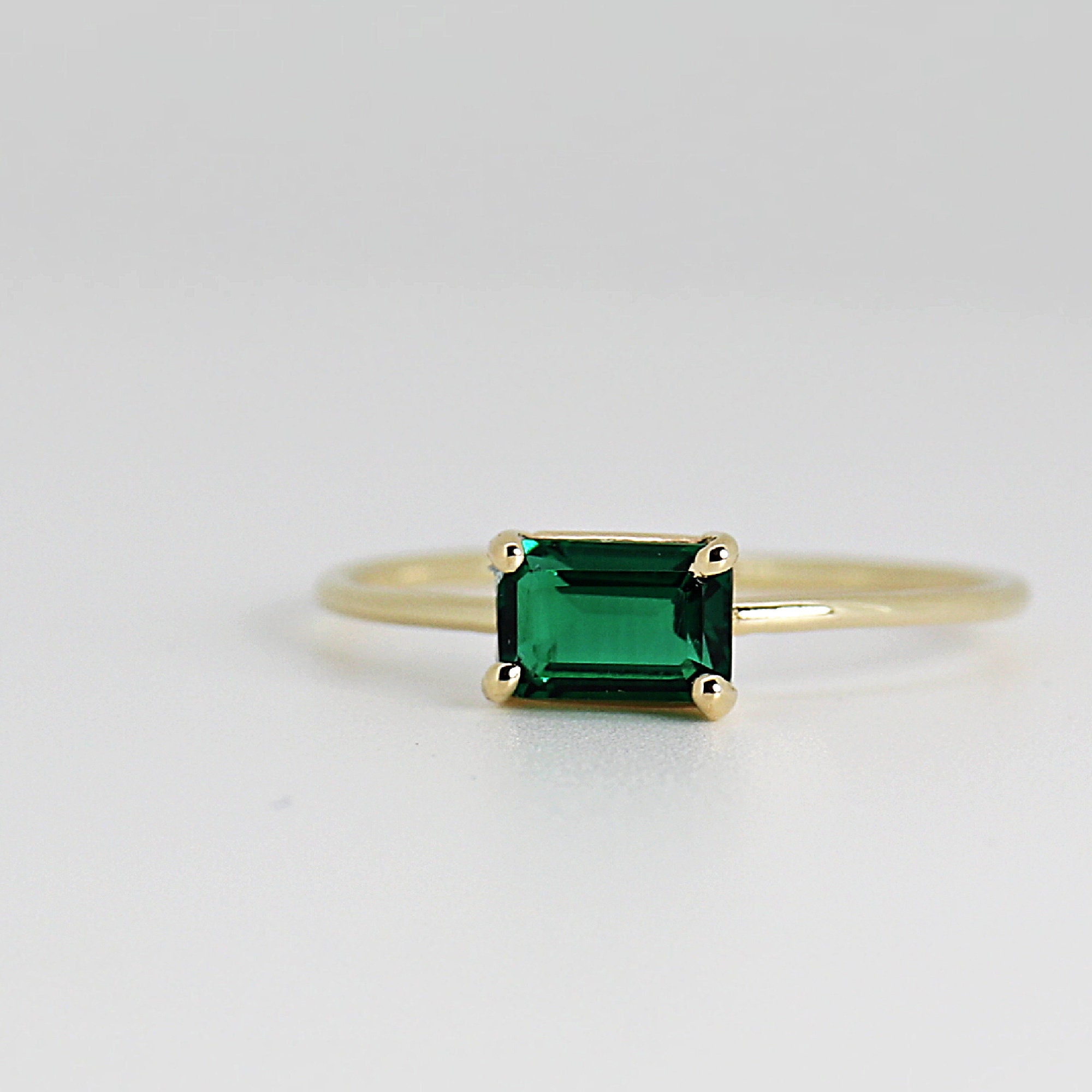 East West Emerald Ring 14k Solid Gold Emerald Cut Emerald - Etsy