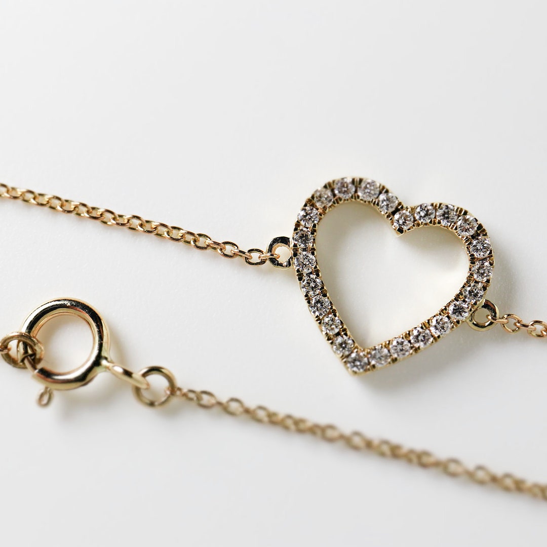 Diamond Heart Bracelet 14k Solid Gold, Genuine Diamond Pave Bracelet ...