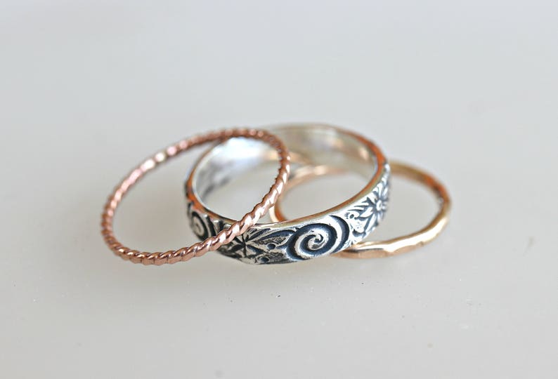 Stacking Rings Set of 3, Sterling Silver Floral Band, Twisted Rose Gold ...