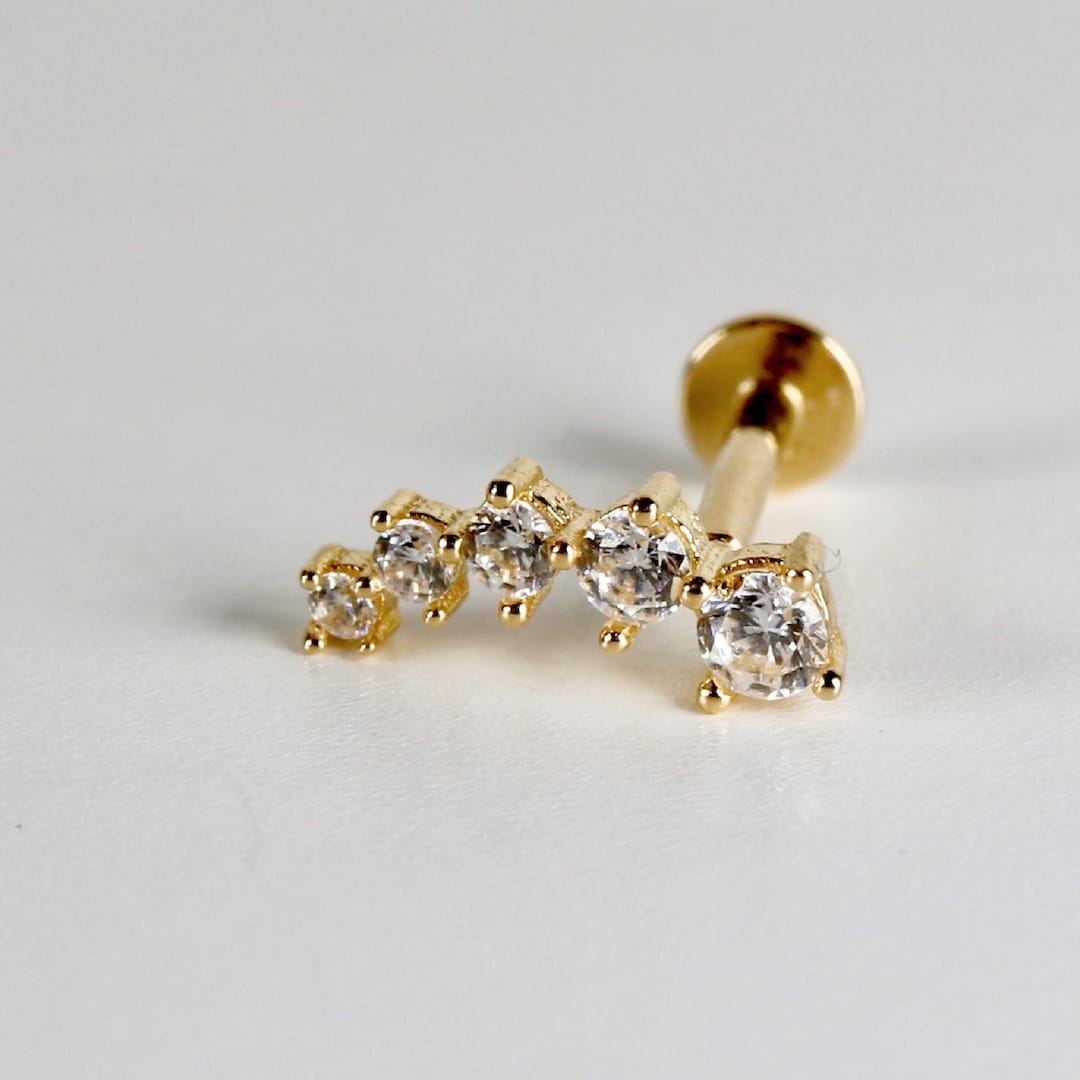 Curved Bar Ear Piercing, Flat Back Earrings 14k Solid Gold, Cz Ear ...