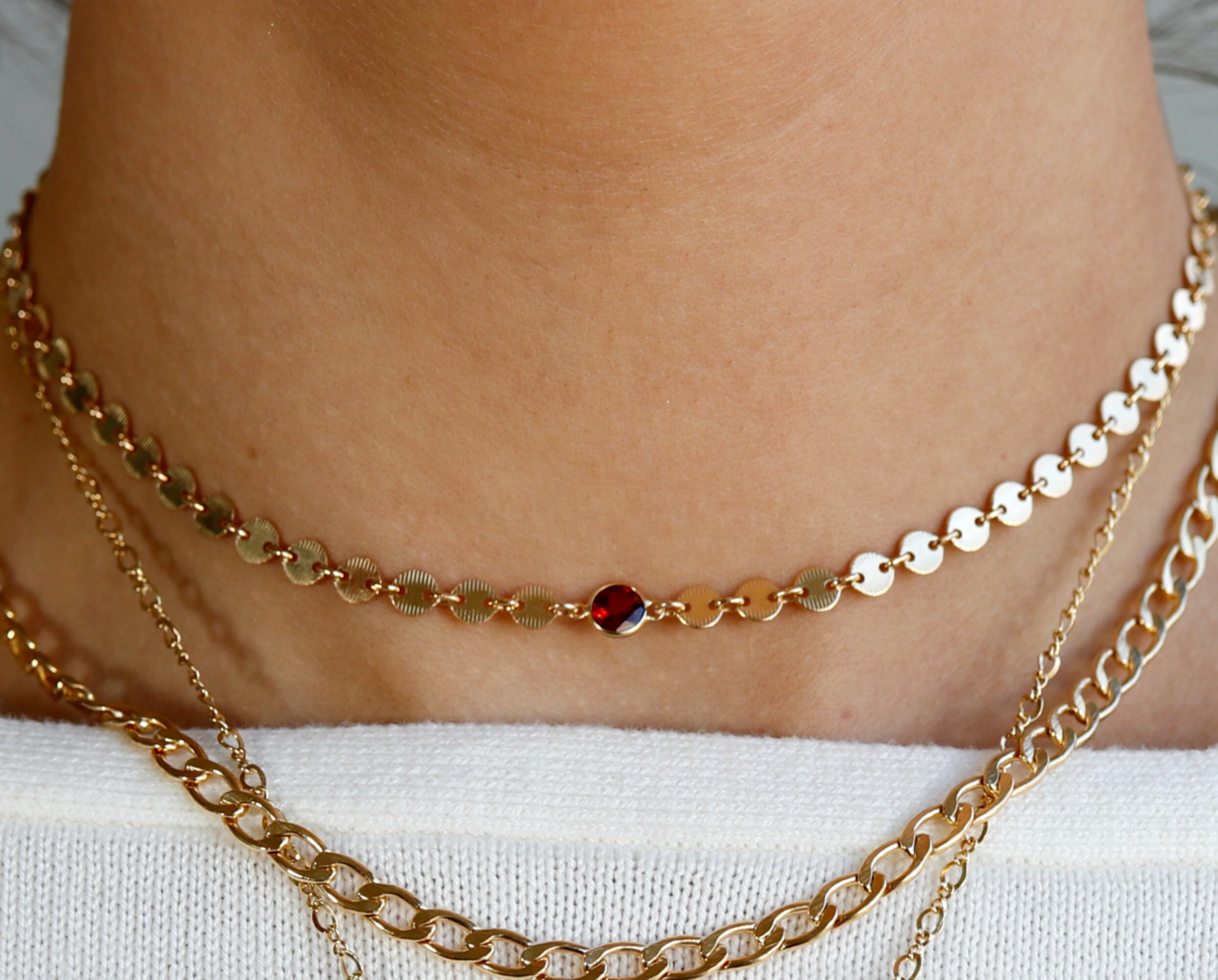 Gold Coin Chain Garnet Necklace, Garnet Choker, Dainty Choker Necklace ...