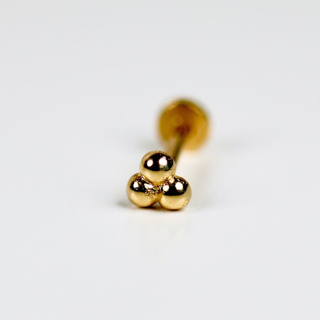 14k Solid Gold Trinity Flat Back Earrings, Internally Threaded Labret Stud, Tiny Three Ball ...