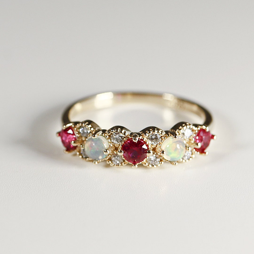 Multi-stone Colorful Gemstone Ring 14k Gold, Opal Ruby and Diamond Half ...