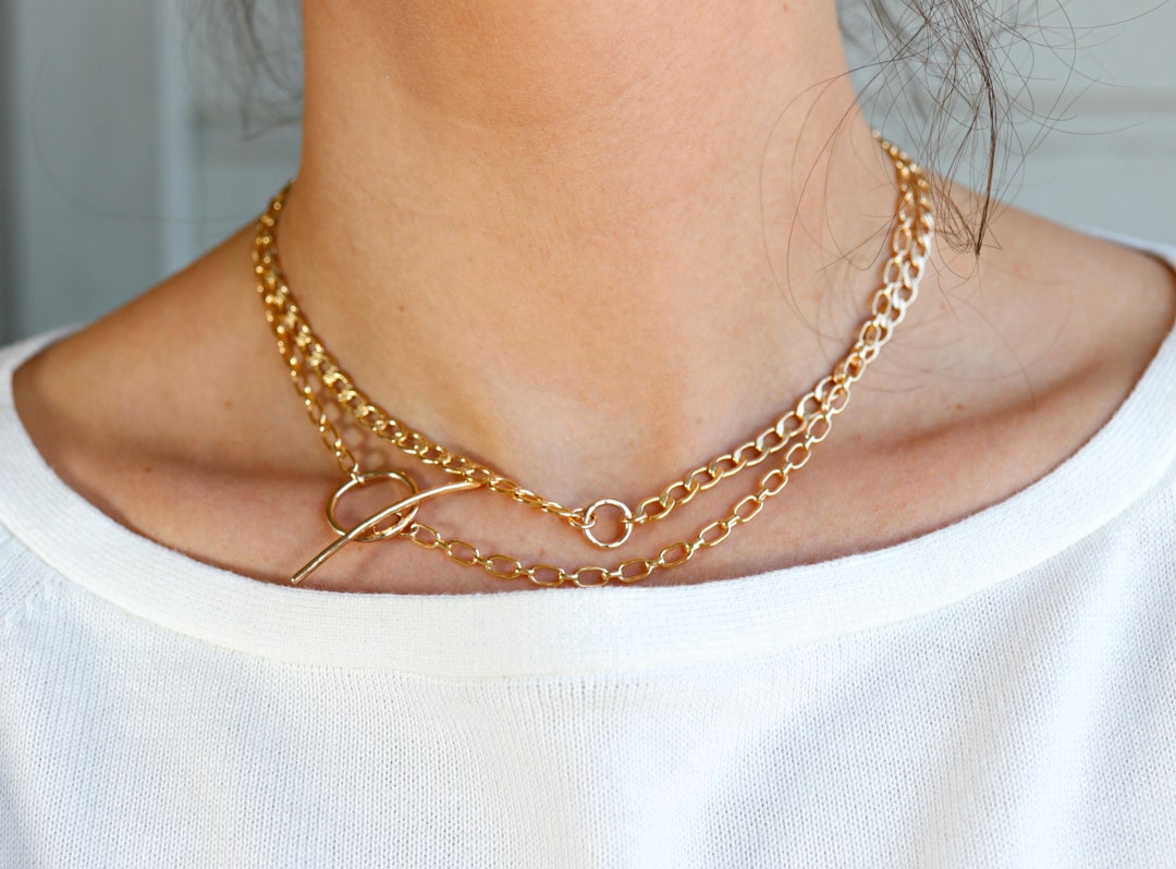 Gold Statement Toggle Necklace, Toggle Choker, Thick Chain Necklace ...