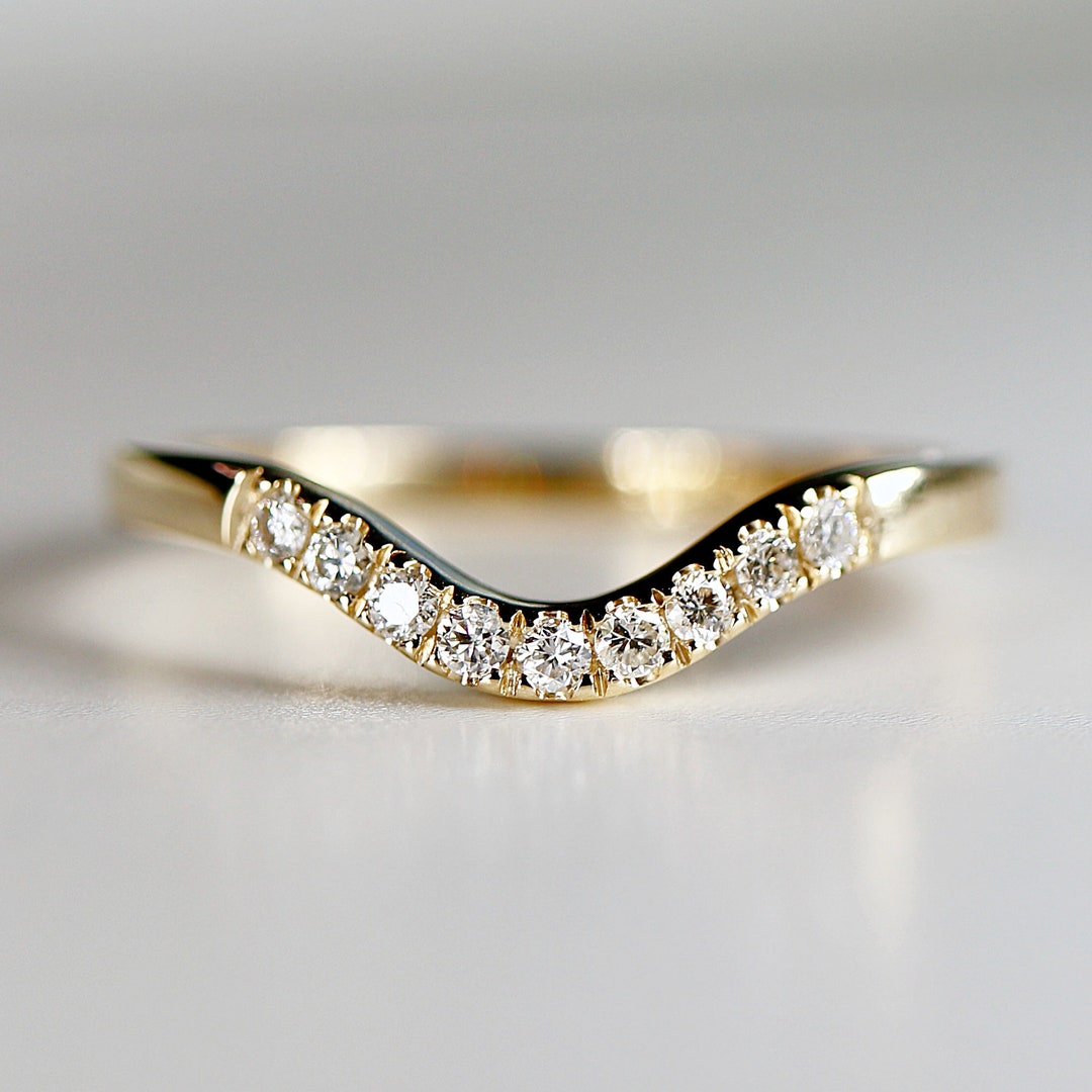 Curved Diamond Wedding Band 14k Gold, Diamond Contour Organic Wedding ...