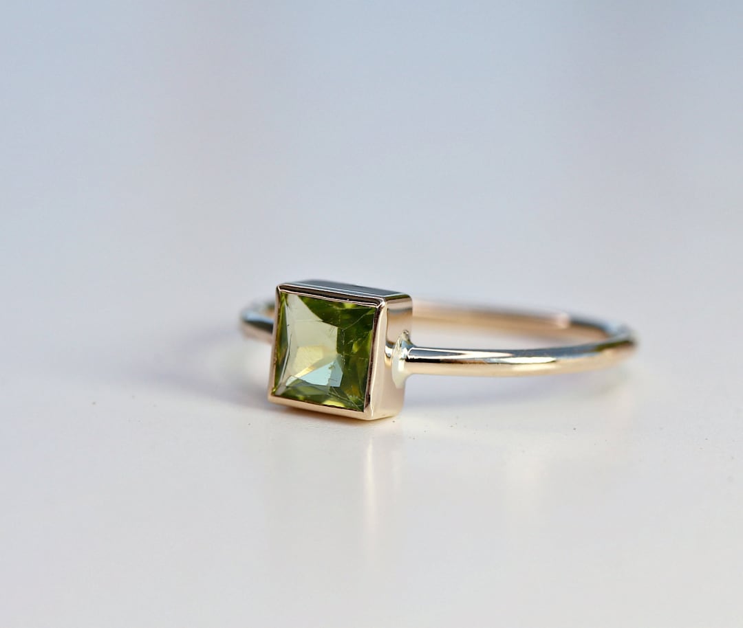 Princess Cut Peridot Ring 14k Gold,handmade Bezel Set Ring, August ...
