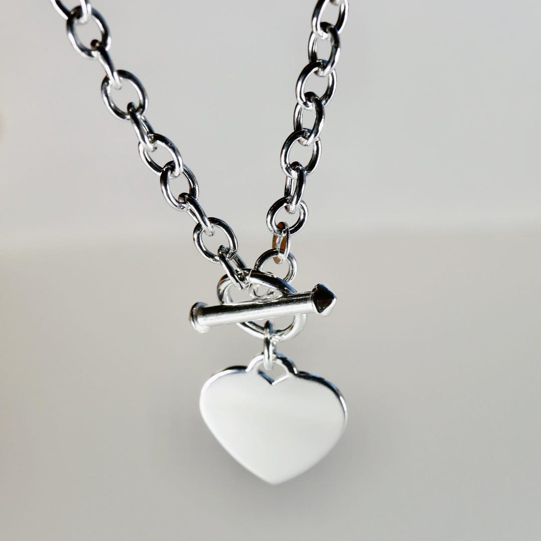 Sterling Silver Engraved Personalized Heart Necklace, Silver Toggle ...