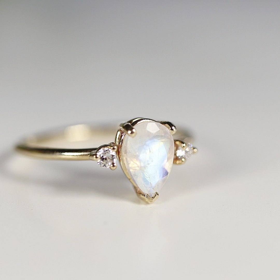Pear Moonstone Engagement Ring, Diamond and Moonstone Ring, Handmade ...