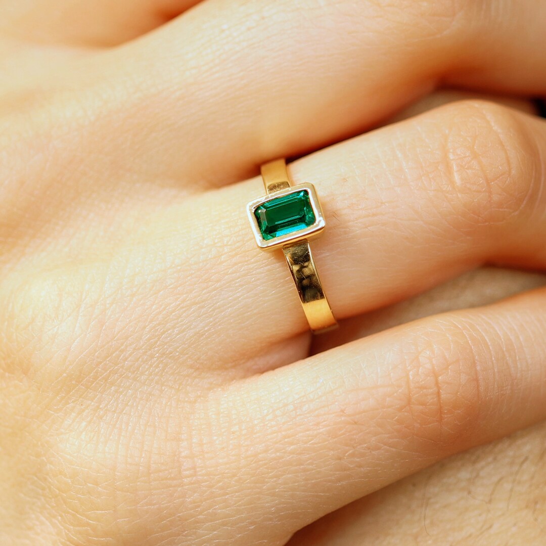 Bezel Set Emerald Ring 14k Solid Gold, Emerald Engagement Ring, Emerald ...