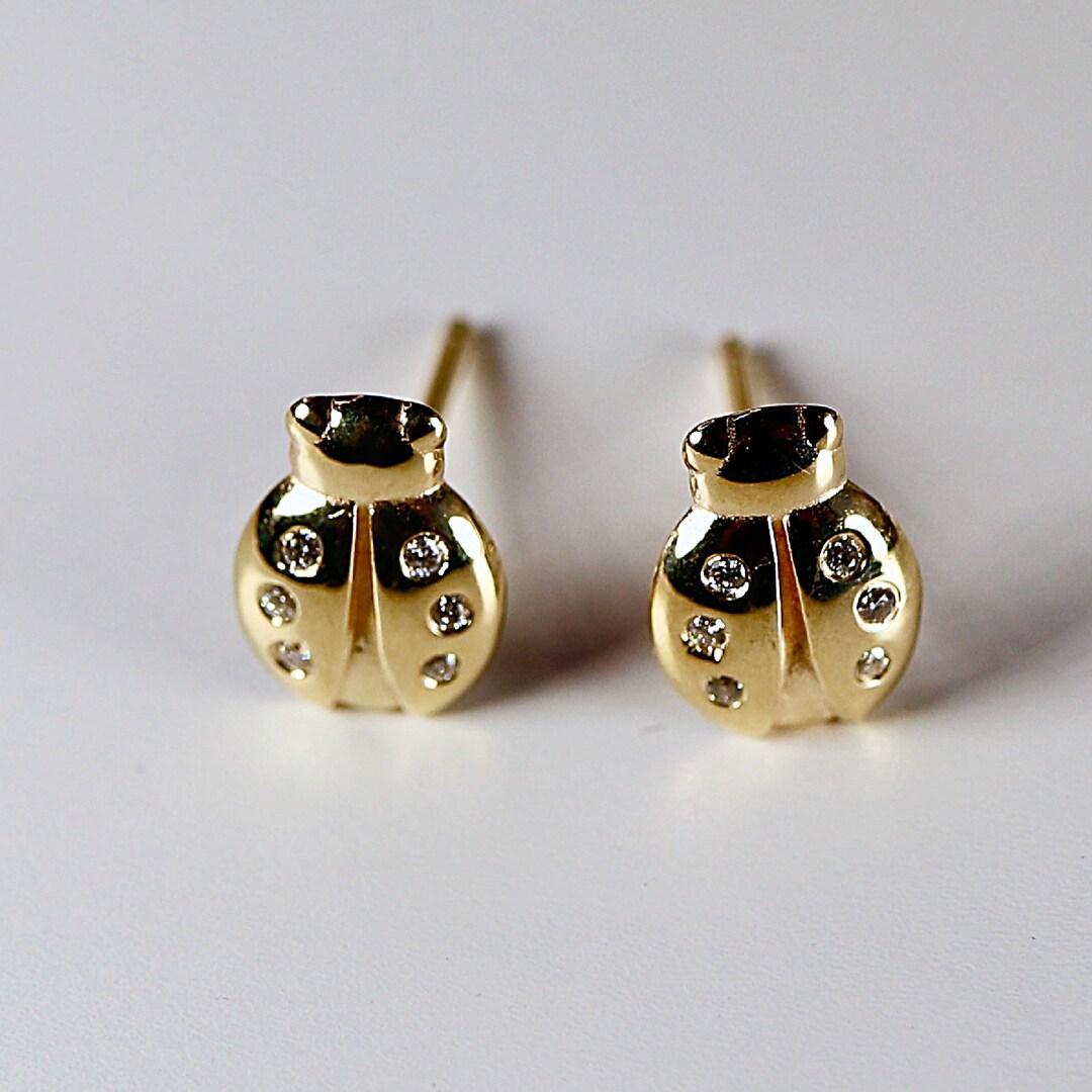 Diamond Ladybug Earrings 14k Solid Gold, Lady Bug Stud Earrings, Lucky ...