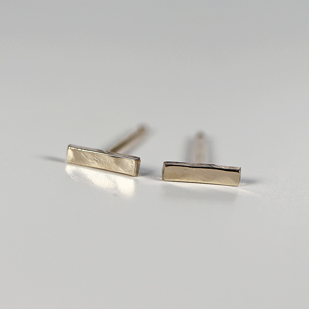 Hammered Gold Stud Earrings, 14k Gold Bar Earrings, Tiny Gold Hammered ...