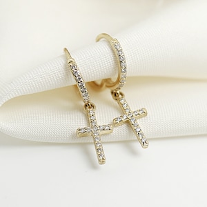 14k Solid Gold Diamond Cross Huggie Earrings, Dangle Cross Hoop ...