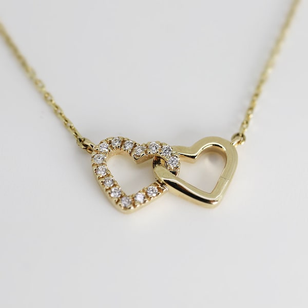 Double Heart Necklace Gold Diamond - Etsy