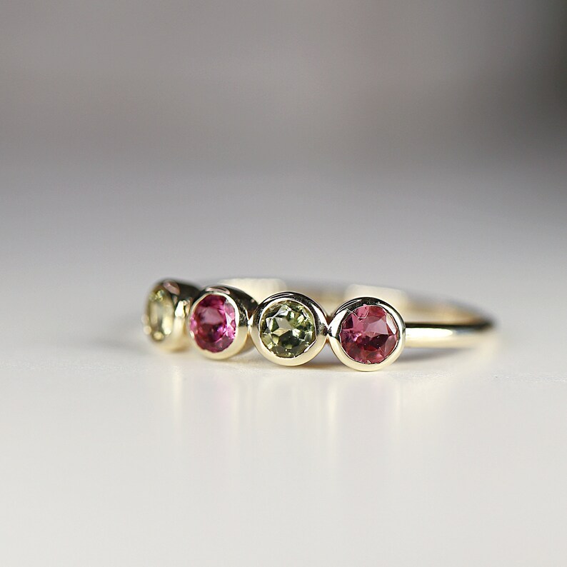 Four Stone Ring 14k Solid Gold, Four Tourmaline Ring, Pink and Green ...