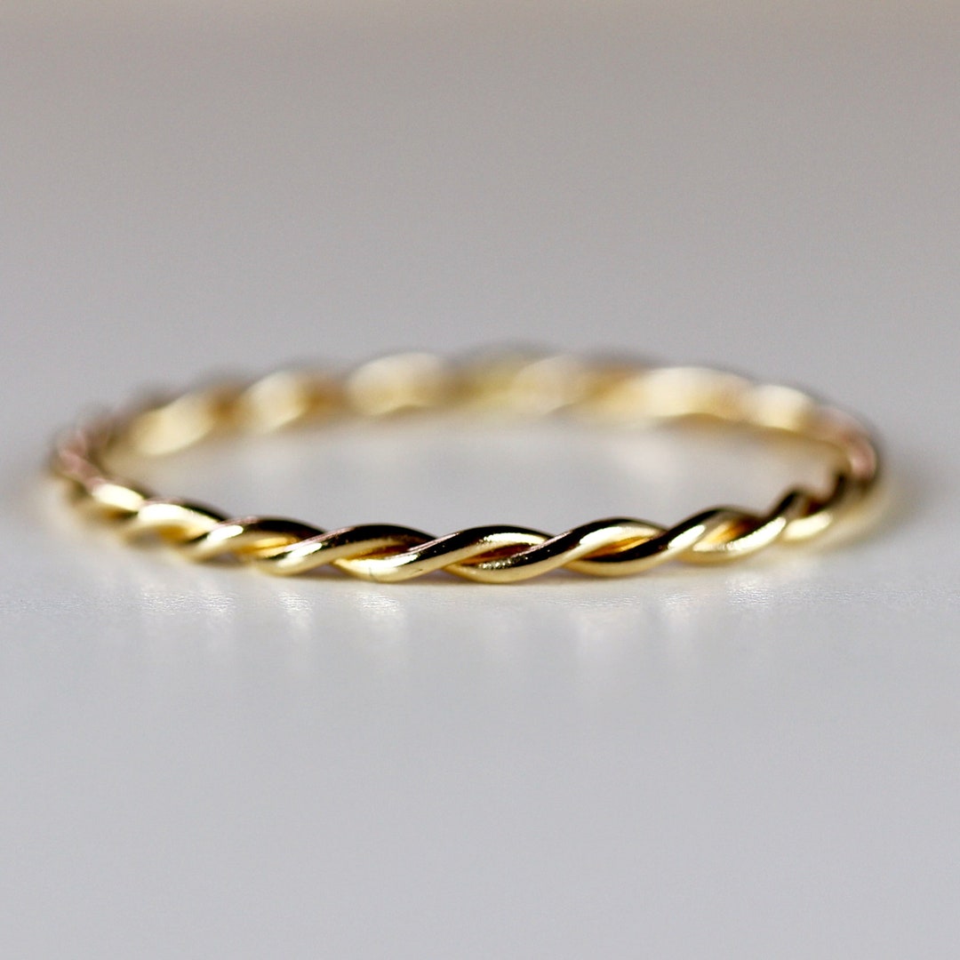 14k Solid Gold Braided Ring, Skinny Twisted Stacking Ring, Gold Rope Ring, 1.6mm Minimalist Gold ...