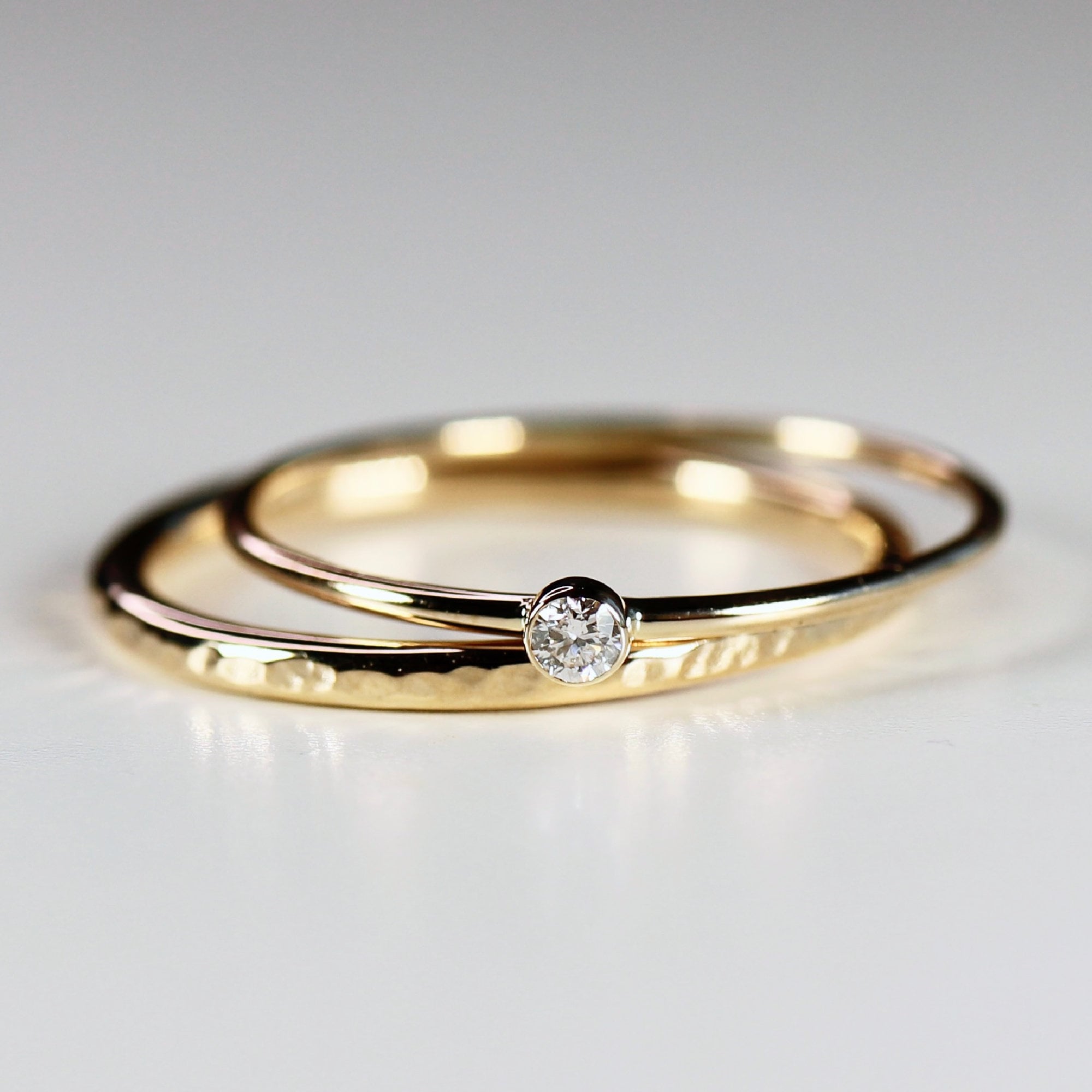 14k Solid Gold Diamond Stacking Rings Set of 2, Hammered Gold Band ...