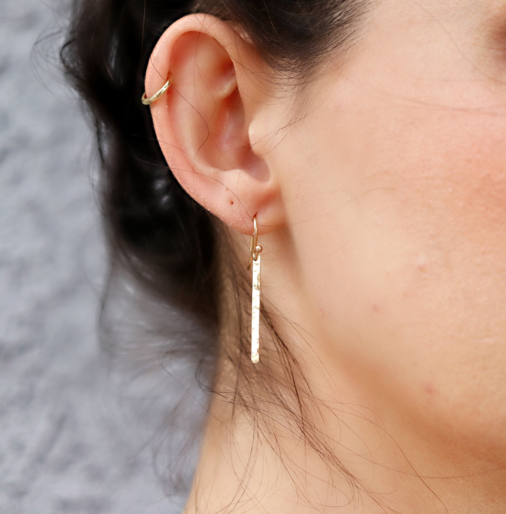 Long Dangle Earrings Bar Drop Earrings Hammered Gold Bar Etsy