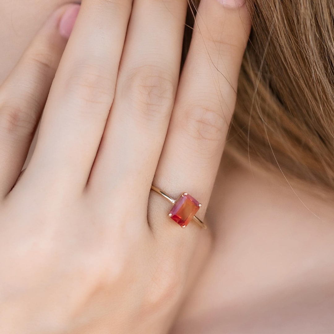 Sunstone Ring 14k Solid Gold, Emerald Cut Sunstone Engagement Ring, Sun ...