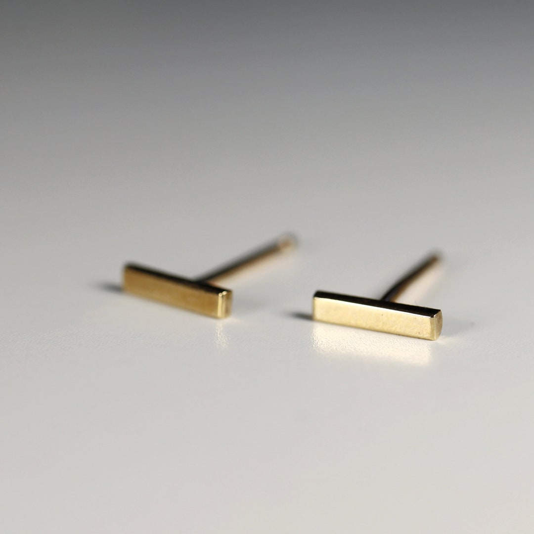 14k Solid Gold Bar Earrings, Minimalist Geometric Stud Earrings ...