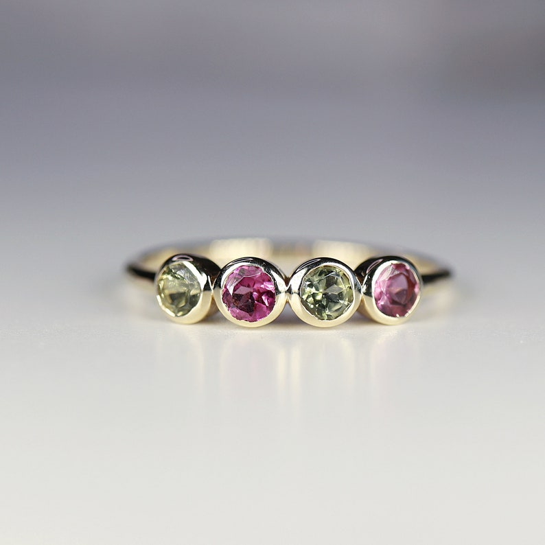 Four Stone Ring 14k Solid Gold, Four Tourmaline Ring, Pink and Green ...