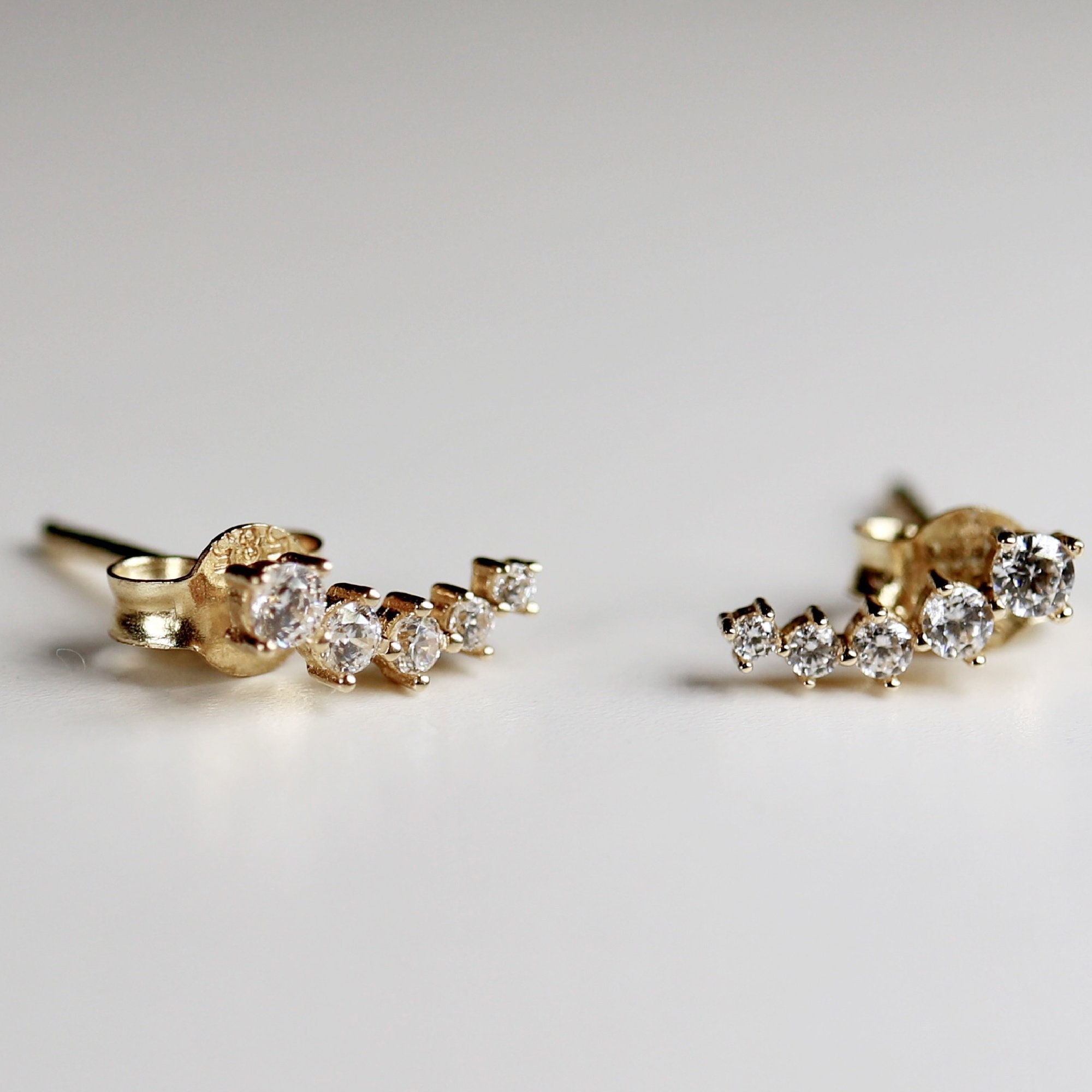 Cluster Ear Crawler Earrings 14k Solid Gold, CZ 5 Simulated Diamond Ear ...