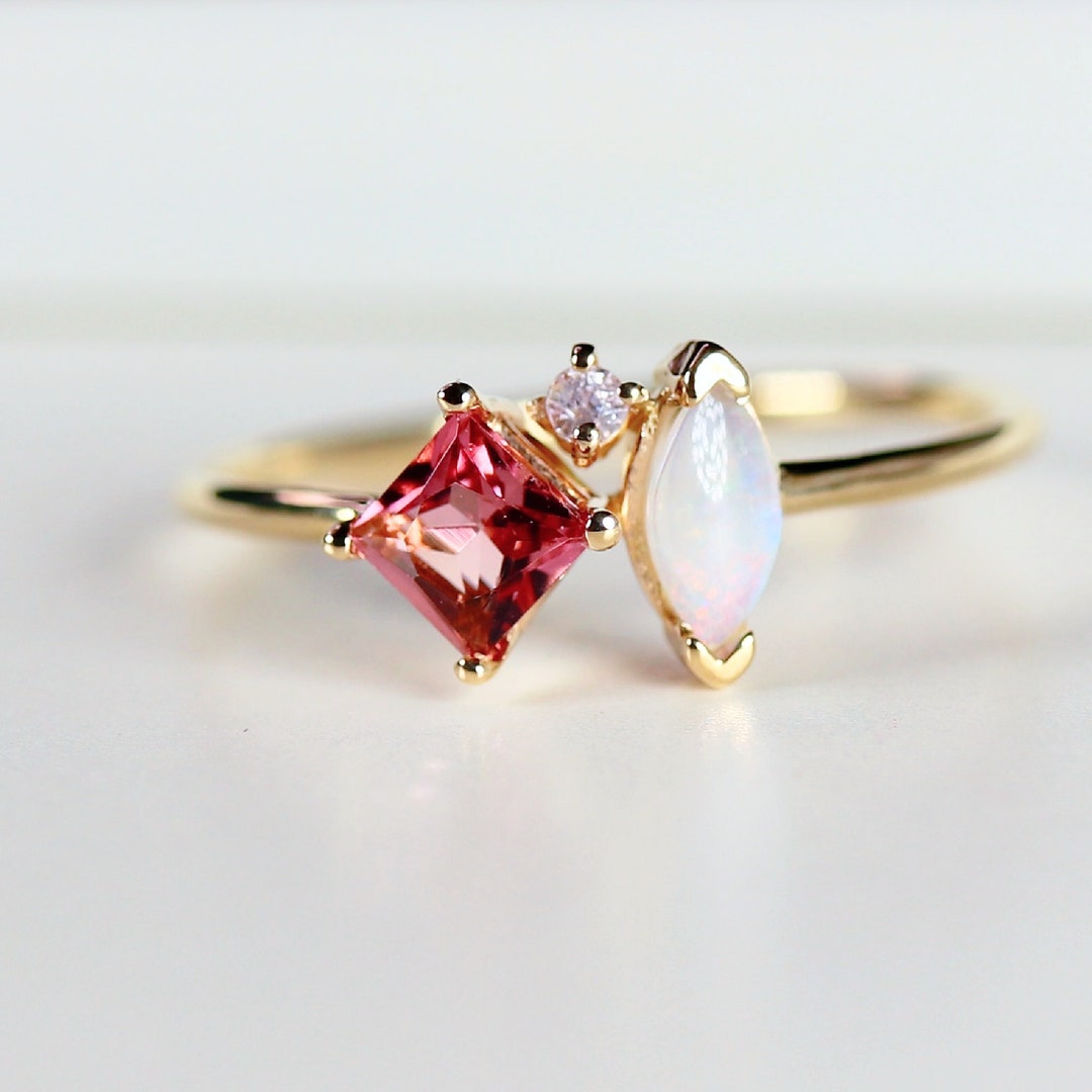 Pink Tourmaline, Opal Cluster Ring 14k Gold, Diamond and Tourmaline ...