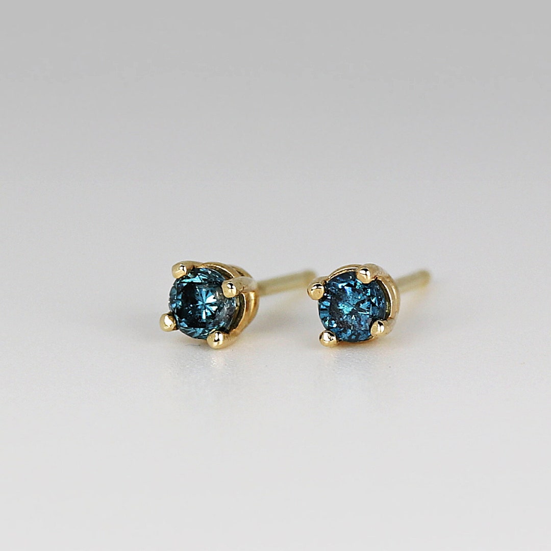 Blue Diamond Earrings 14k Gold, Tiny Blue Diamond Stud Earrings, Bridal ...