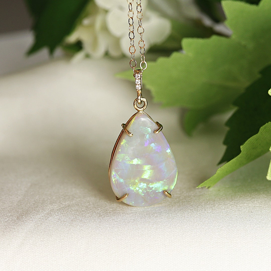 Australian Opal Necklace 14k Solid Gold With Diamond Bail, Genuine Fire ...
