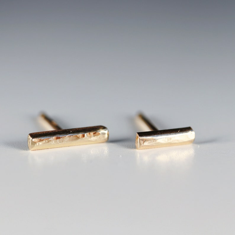 14k Gold Hammered Bar Stud Earrings Solid Gold Bar Earrings - Etsy