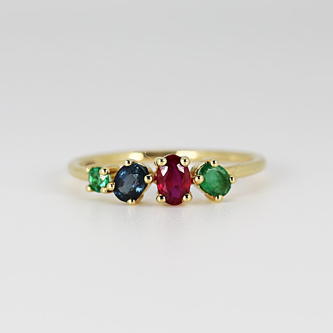 Gemstone Cluster Ring 14k Gold, Handmade Unique Multi Gemstone Ring ...