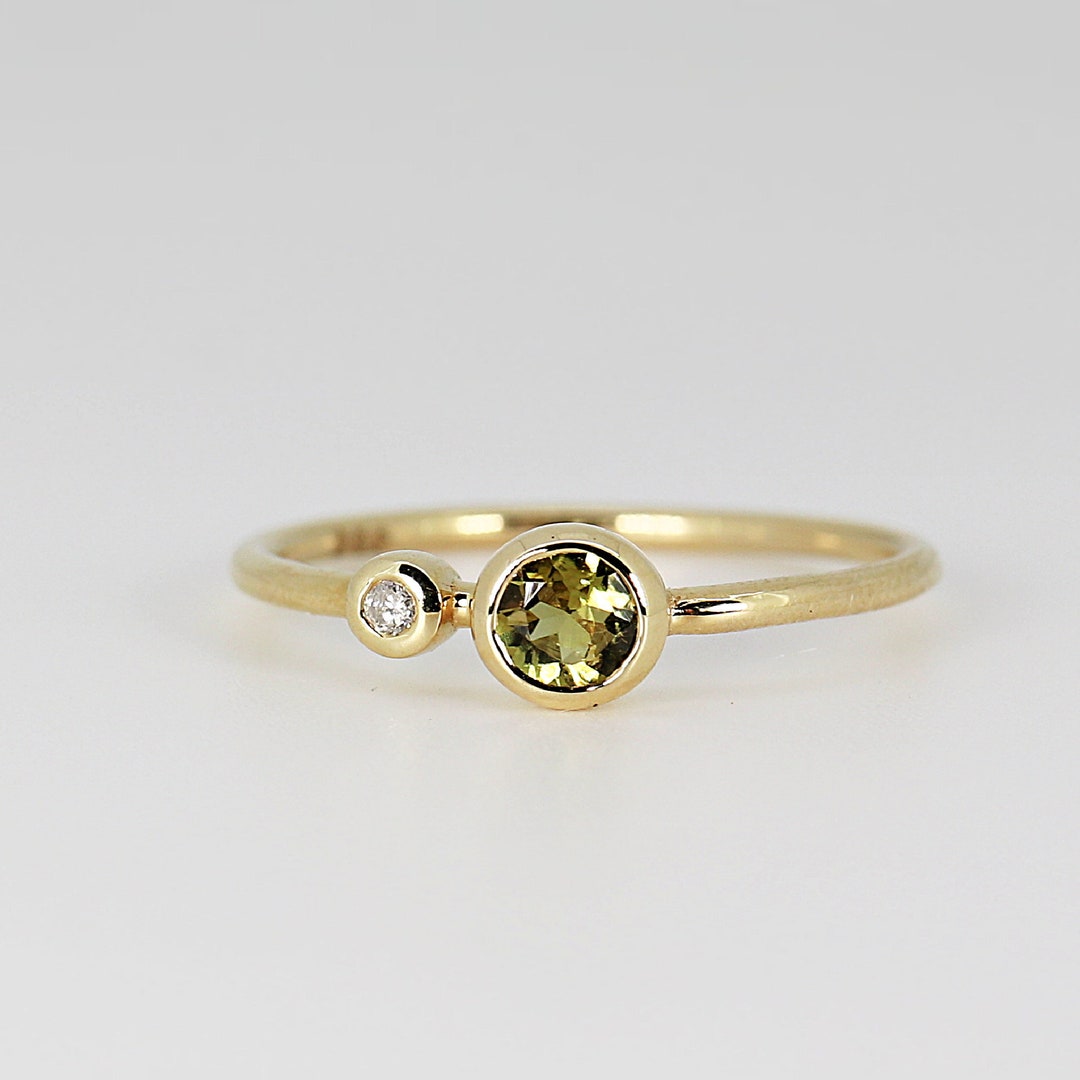 Dual Birthstone Ring Handmade, Green Tourmaline Ring 14k Solid Gold W ...