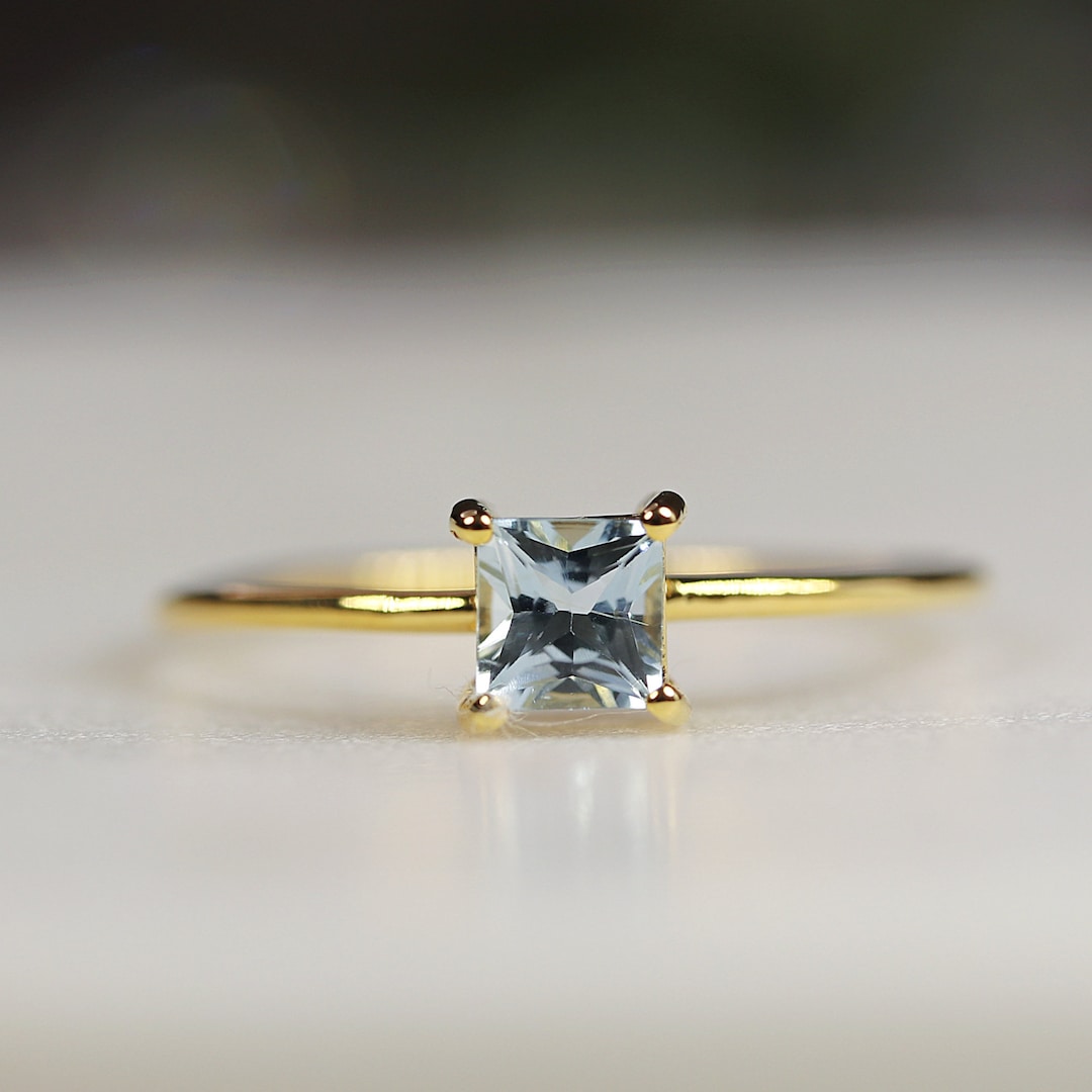 Princess Cut Aquamarine Ring 14k Gold, Aquamarine Engagement Ring ...