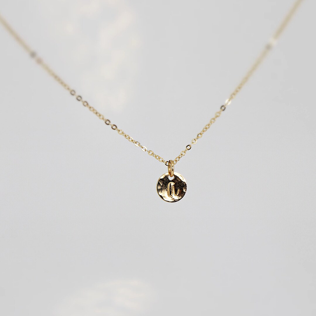Tiny Initial Necklace 14k Solid Gold, Personalized Charm Gold Disc With ...