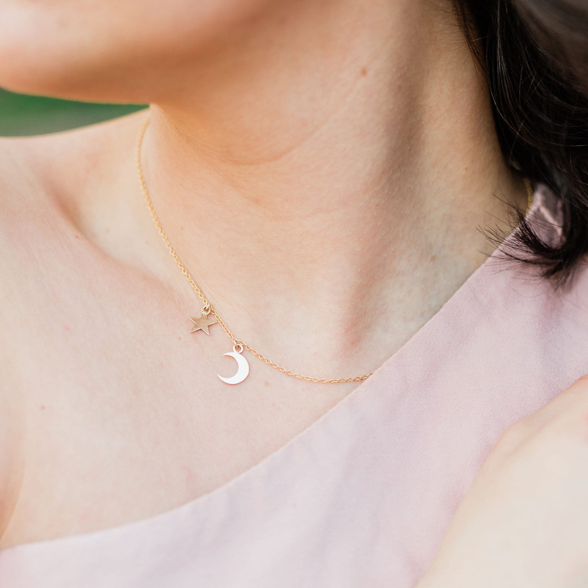 Moon and Star Necklace 14k Solid Gold Moon and Star Choker | Etsy