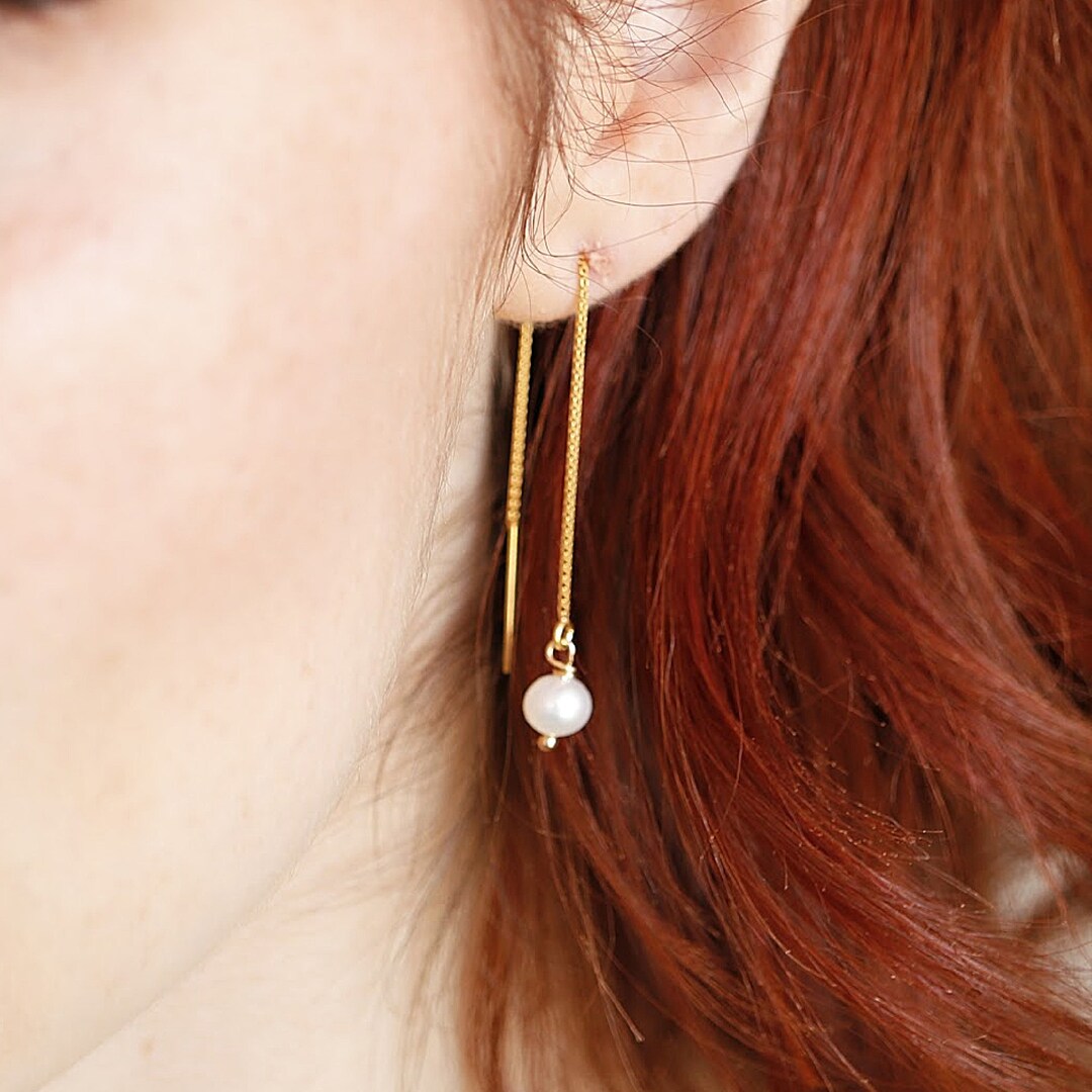 Pearl Threader Earrings Gold Pearl Drop Earrings Bridal - Etsy