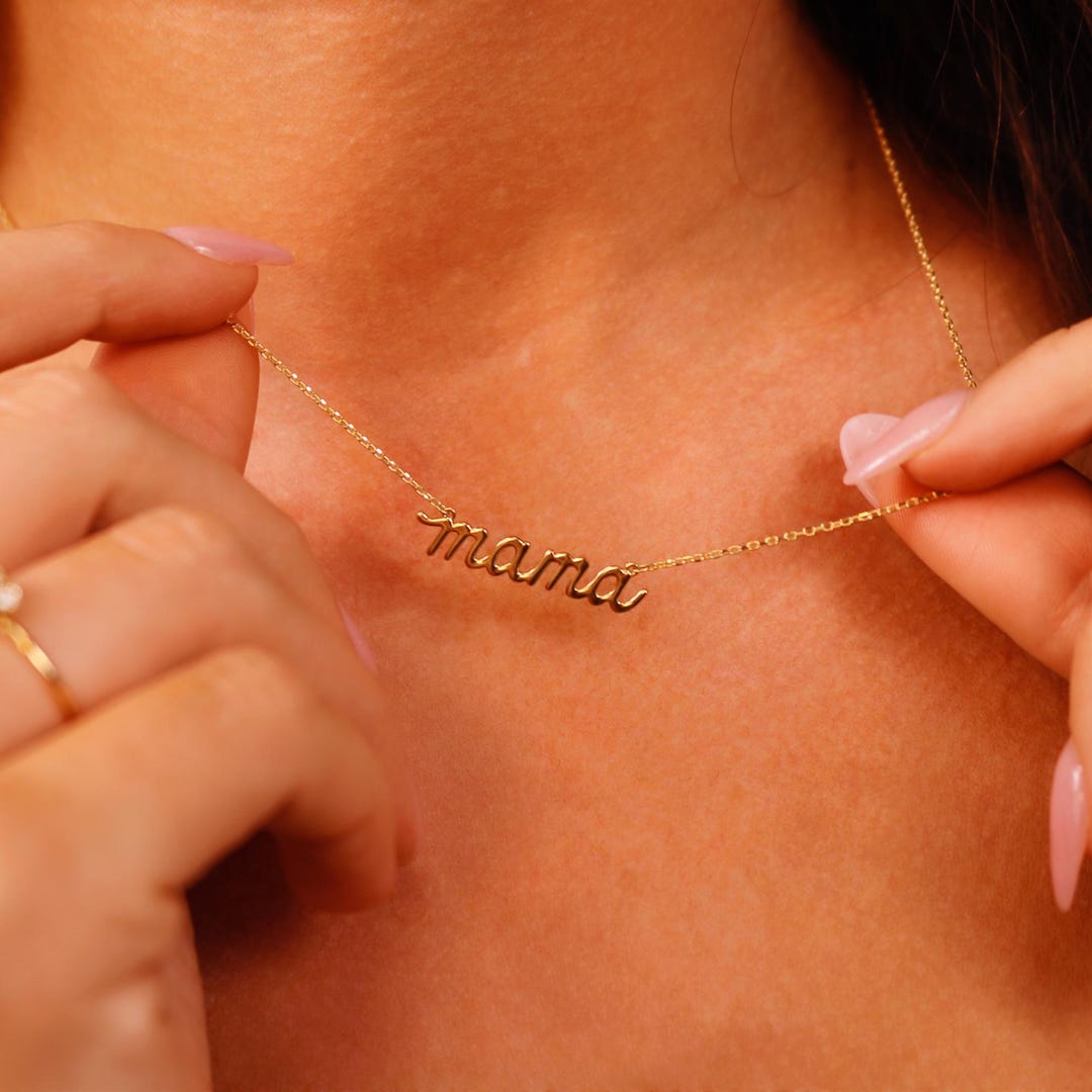 Mama Necklace 14k Solid Gold, Script Letter Mama Pendant, New Mom Gift ...